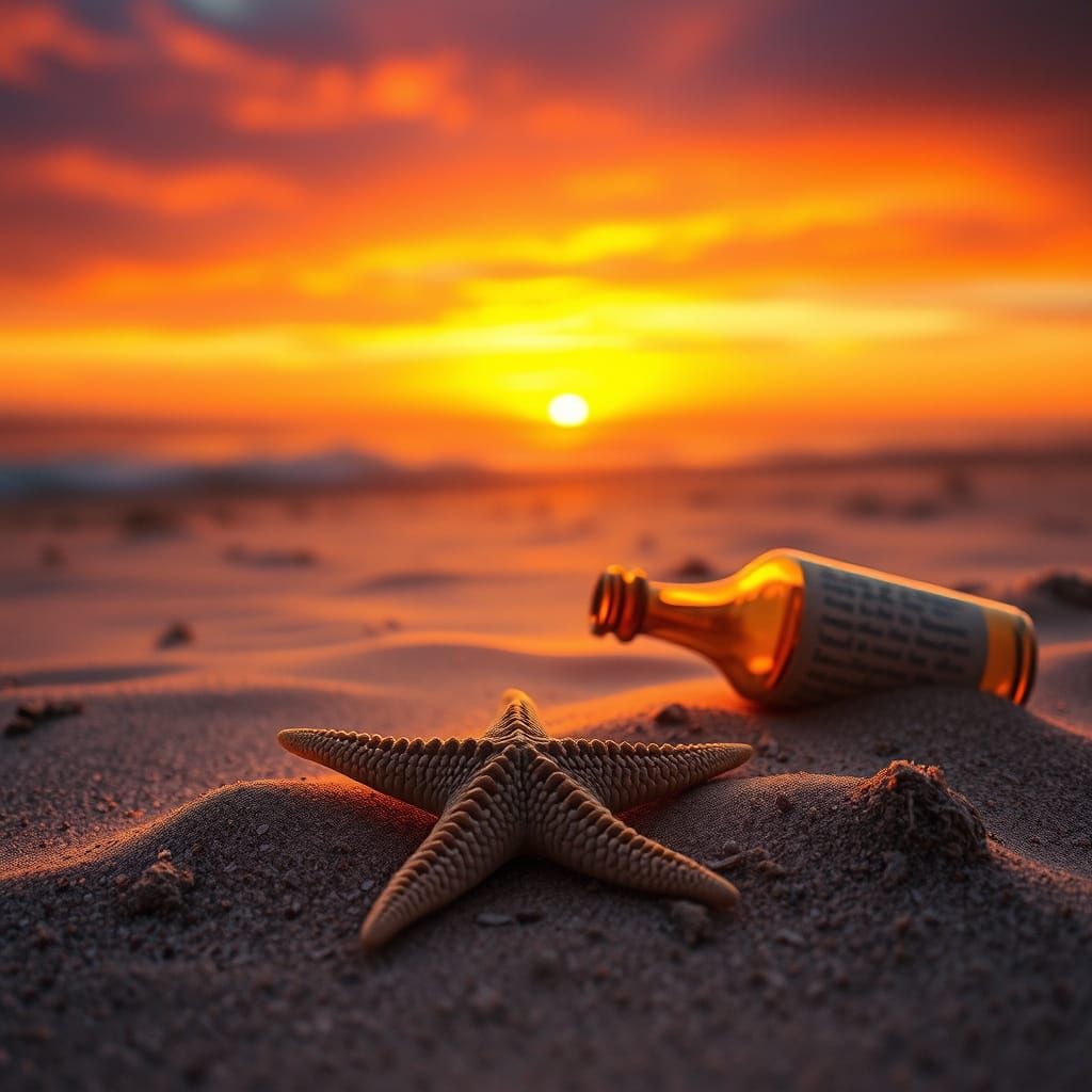Message in a bottle - Surreal Sunset Scene with Starfish and...