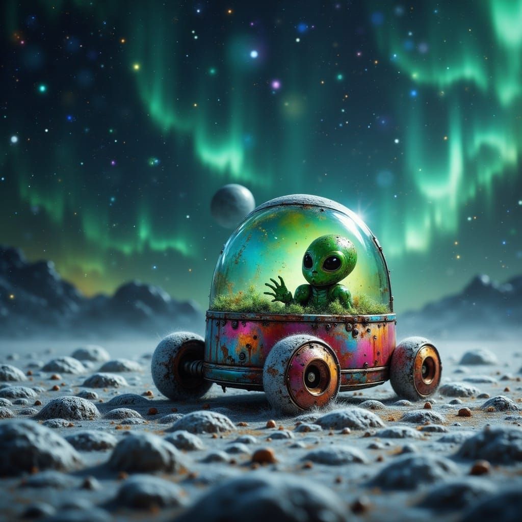 Miniature Alien Spaceship on Moonlit Night with St... - AI Art