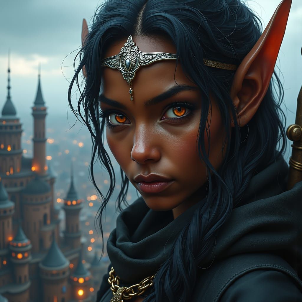 Steampunk Drow Elf Mage in Intense Gaze - AI Art