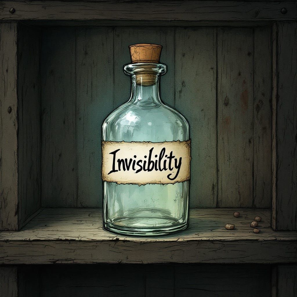 Whimsical Bottle of Invisibility on a Dusty Shelf - AI Art