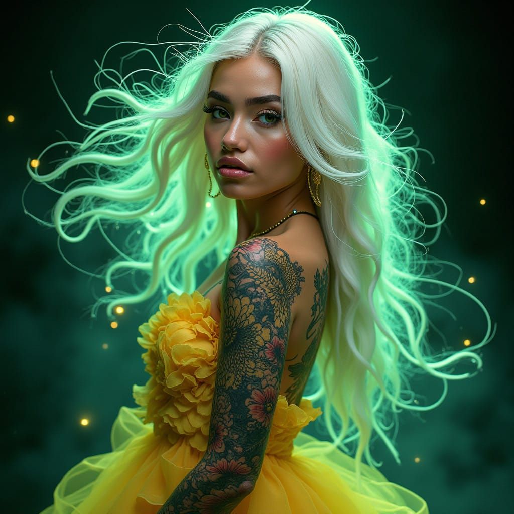 Puerto Rican Goddess with Dragon and Flower Tattoo... - AI Art