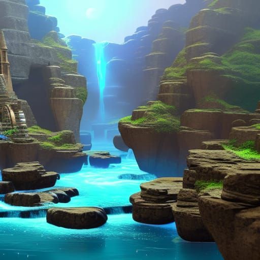 Game Level, Side Scroller, Mystical, Waterfall, Stream, Rocks, stepping ...