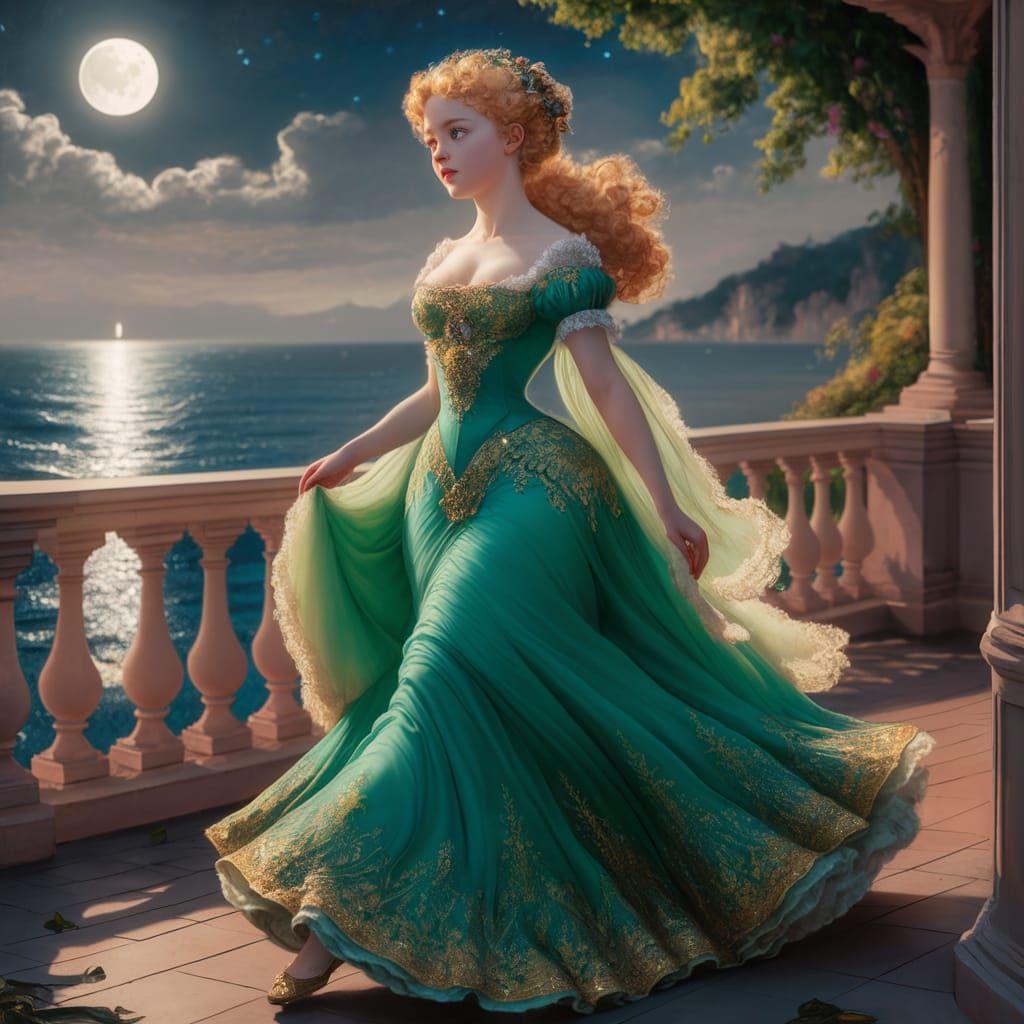 Pre-Raphaelite style, young blonde woman in an emerald green dress ...