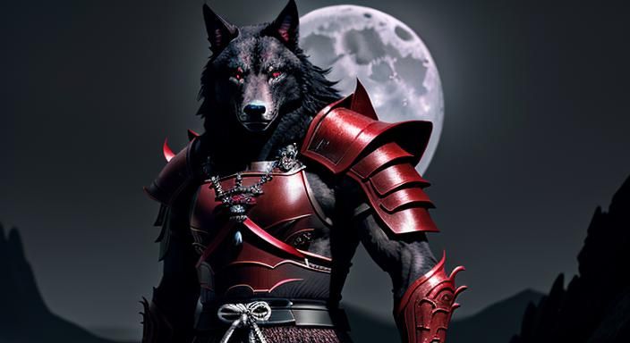 Black Wolf Warrior - Dark Fantasy Wolf Samurai Under Full Mo...