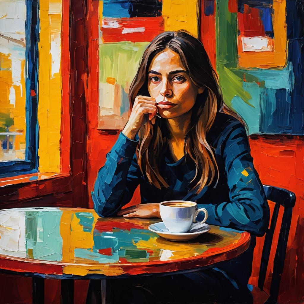 Vibrant Expressionist Woman Sipping Coffee - AI Art