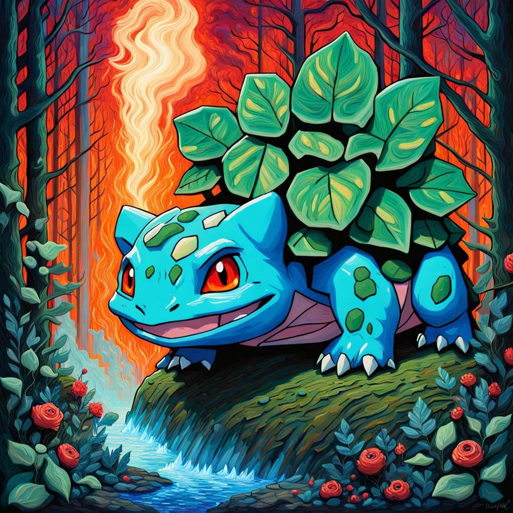 bulbasaur in a vine-filled forest, fire and ice are in the sky, epic ...