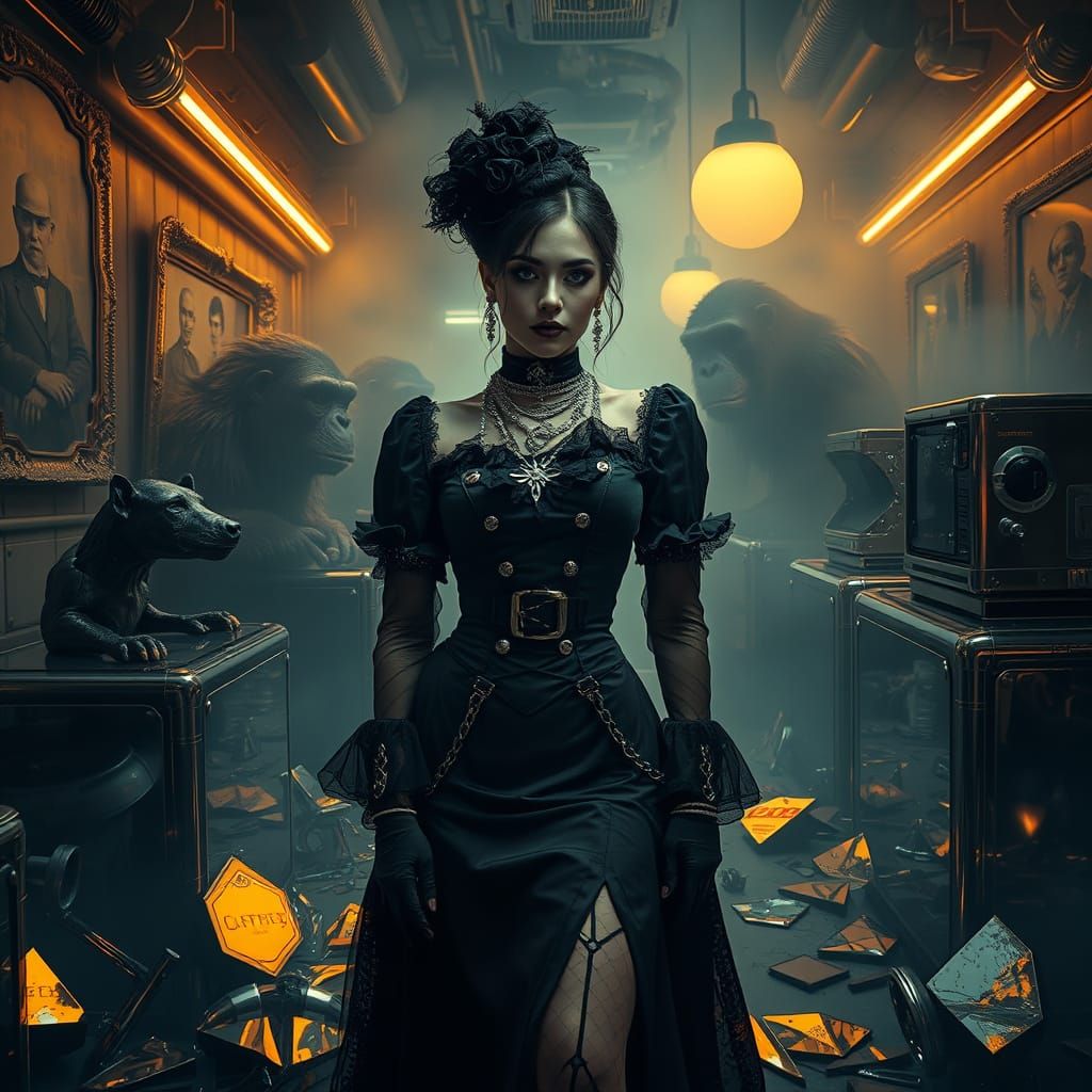 Goth Fashion Model in Retro-Futuristic Coffee Shop... - AI Art