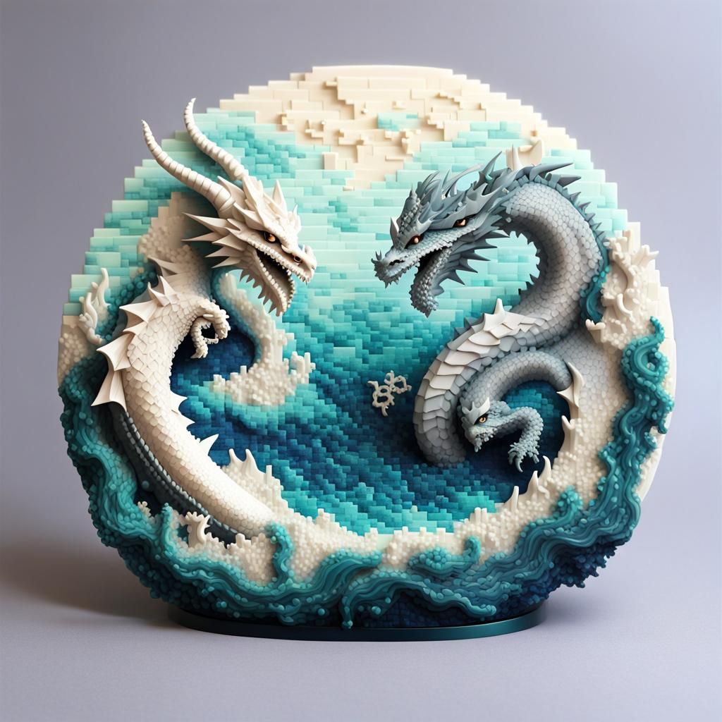 oceanscape dragons pixel art Fluxus Entangled Resin Cast Monochromatic - AI Generated Artwork ...
