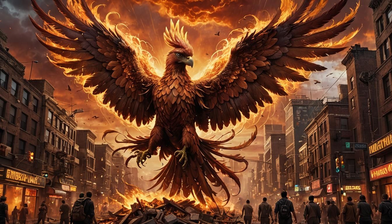 The legendary phoenix rises from the ashes against a backdrop of fiery ...