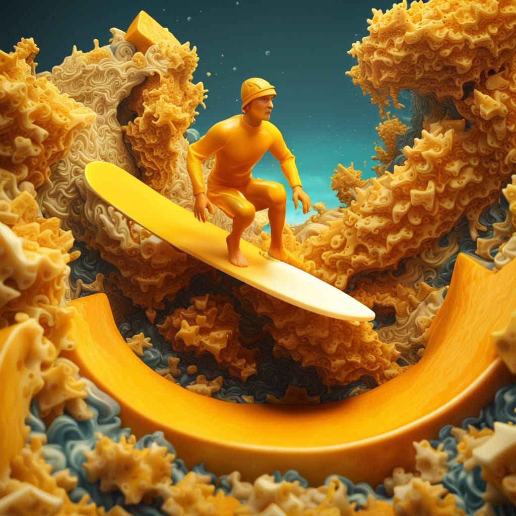 A cheese fractal man surfer surfing on a sea of cheese, swiss cheese ...