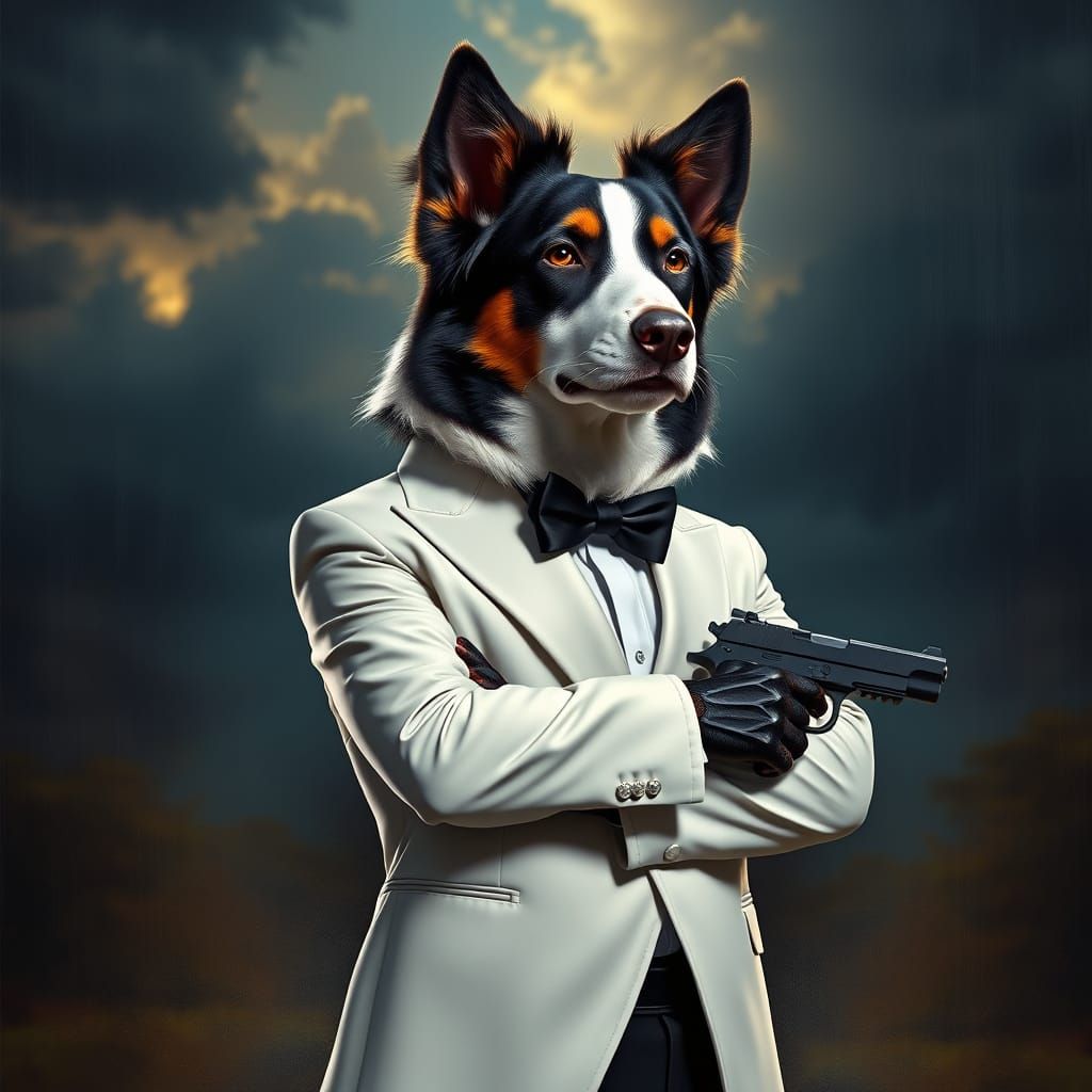 a border collie in black and white color dressed like James Bond with a ...