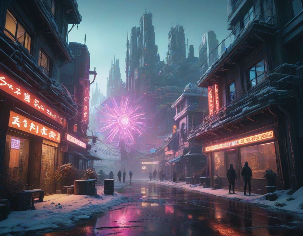 Surreal Solarpunk Winter Wonderland in Neon Hues - AI Art