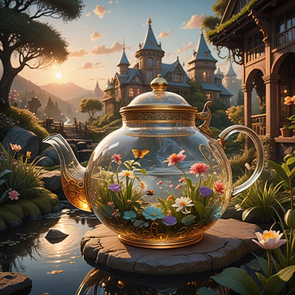 A natural living world inside a glass teapot