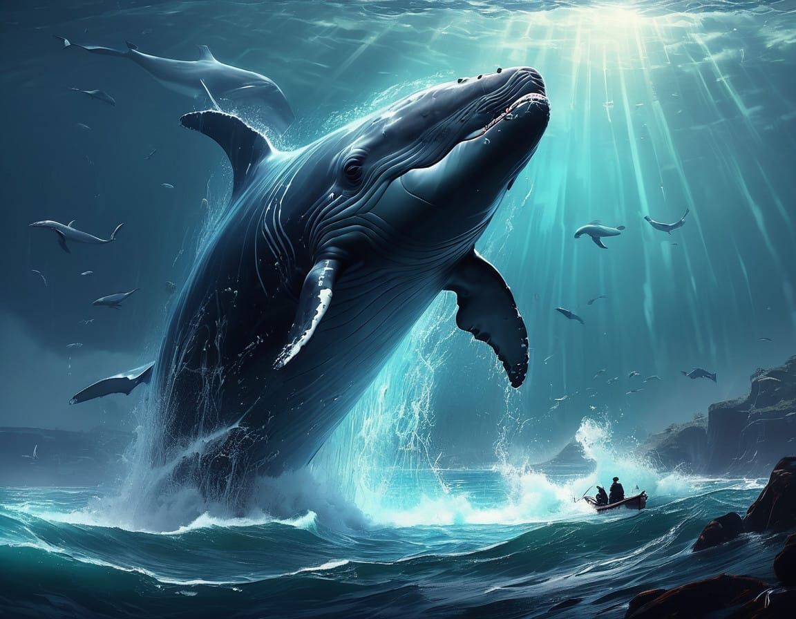 Flying Whale - Majestic Whales Amidst Futuristic Deep-Sea Ru...