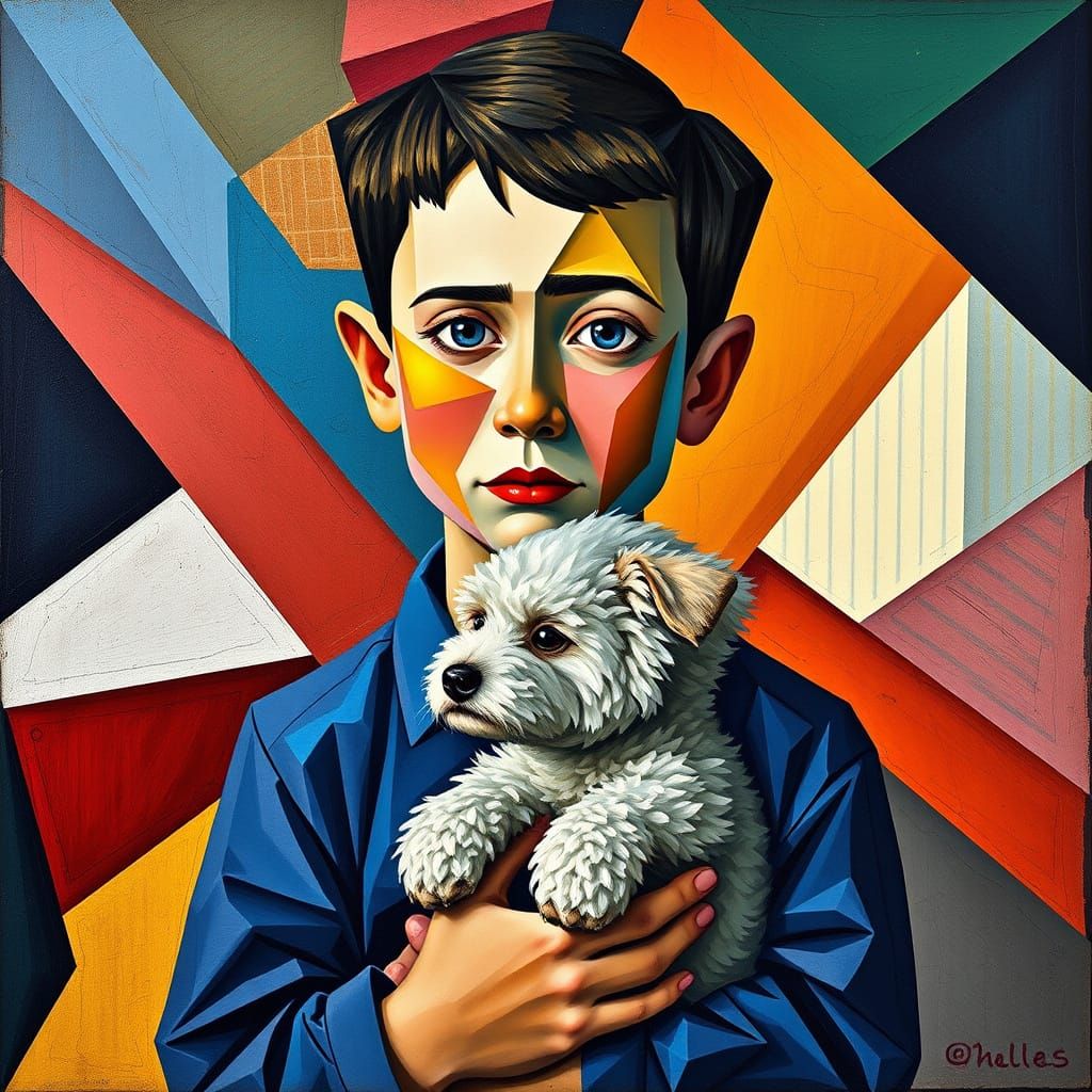 Cubist Boy with Fluffy Dog in Vibrant Fragmented P... - AI Art