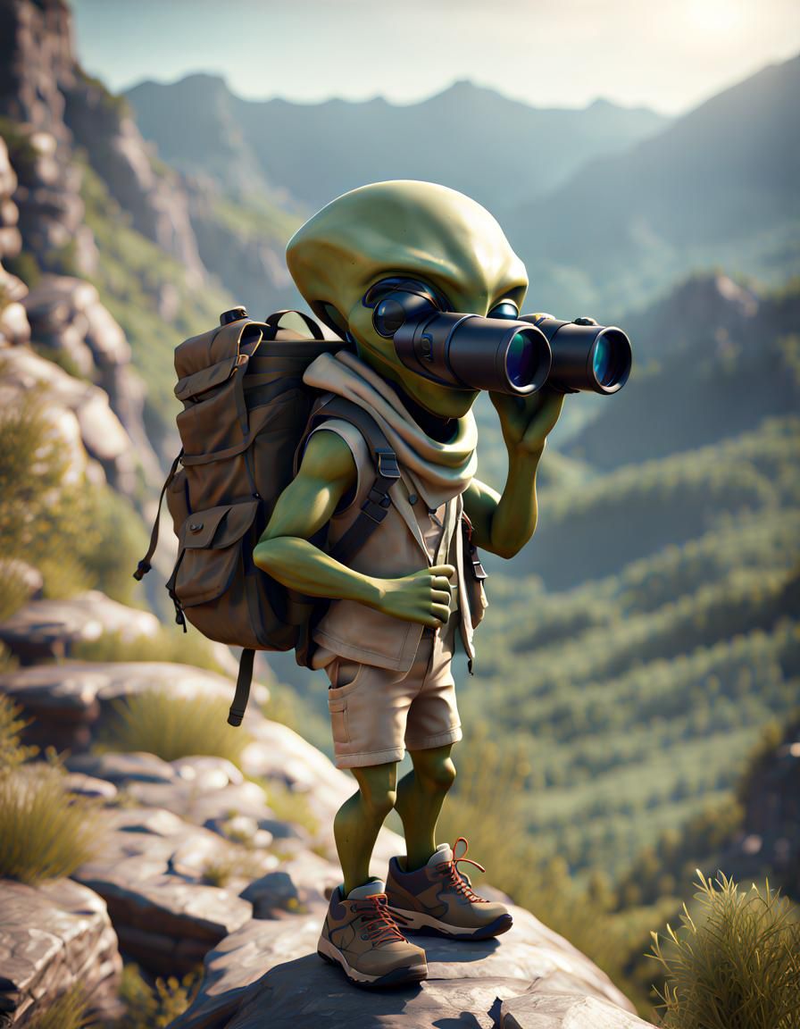 Alien in (bucket hat, vest, khaki shorts, binoculars) on a (hike) in ...