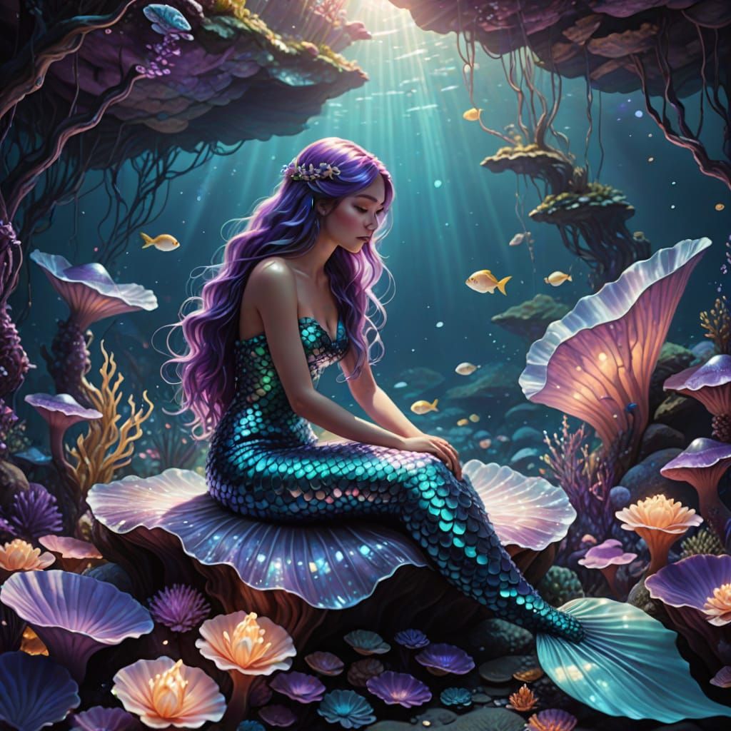 Whimsical Mermaid in a Glowing Clamshell - AI Art
