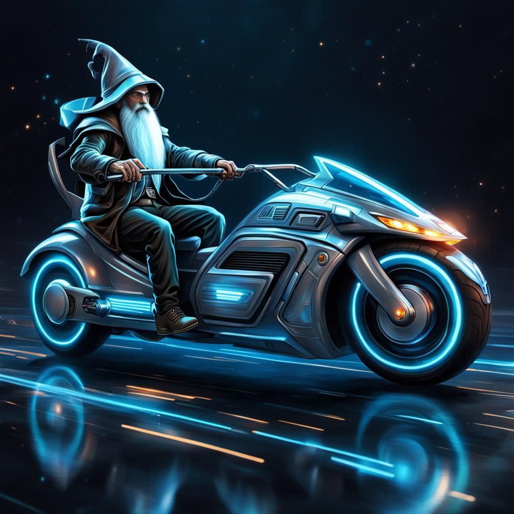 A wizard riding a futuristic motorcycle. - AI Generated Artwork ...