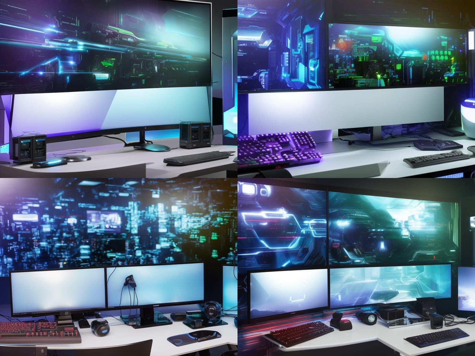 futuristic dual monitor computer gaming setup; in a dark room; computer ...