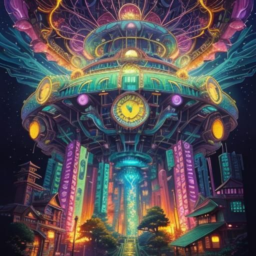 (clockpunk city surrounded by lots of flying glowing jellyfish like ...