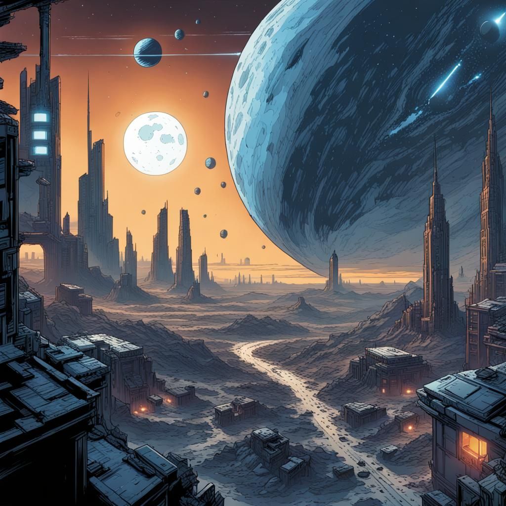 Borderlands. Ruined urban moon with planet and more satellites. Space ...