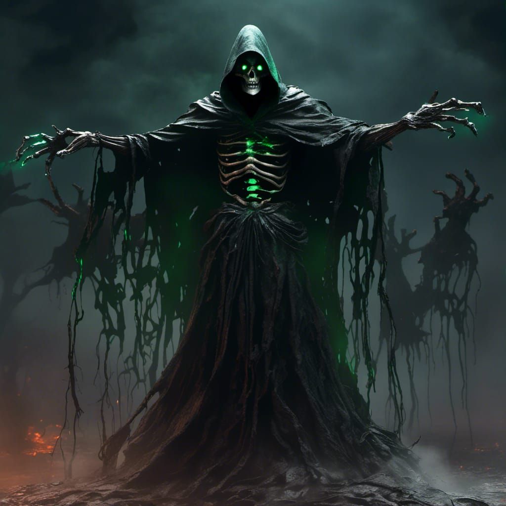A tall spectral figure, draped in a long, tattered black cloak and hood ...