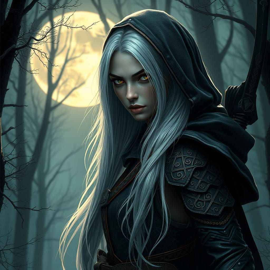 Moonlit Dark Elf Ranger in Ornate Leather Armor - AI Art