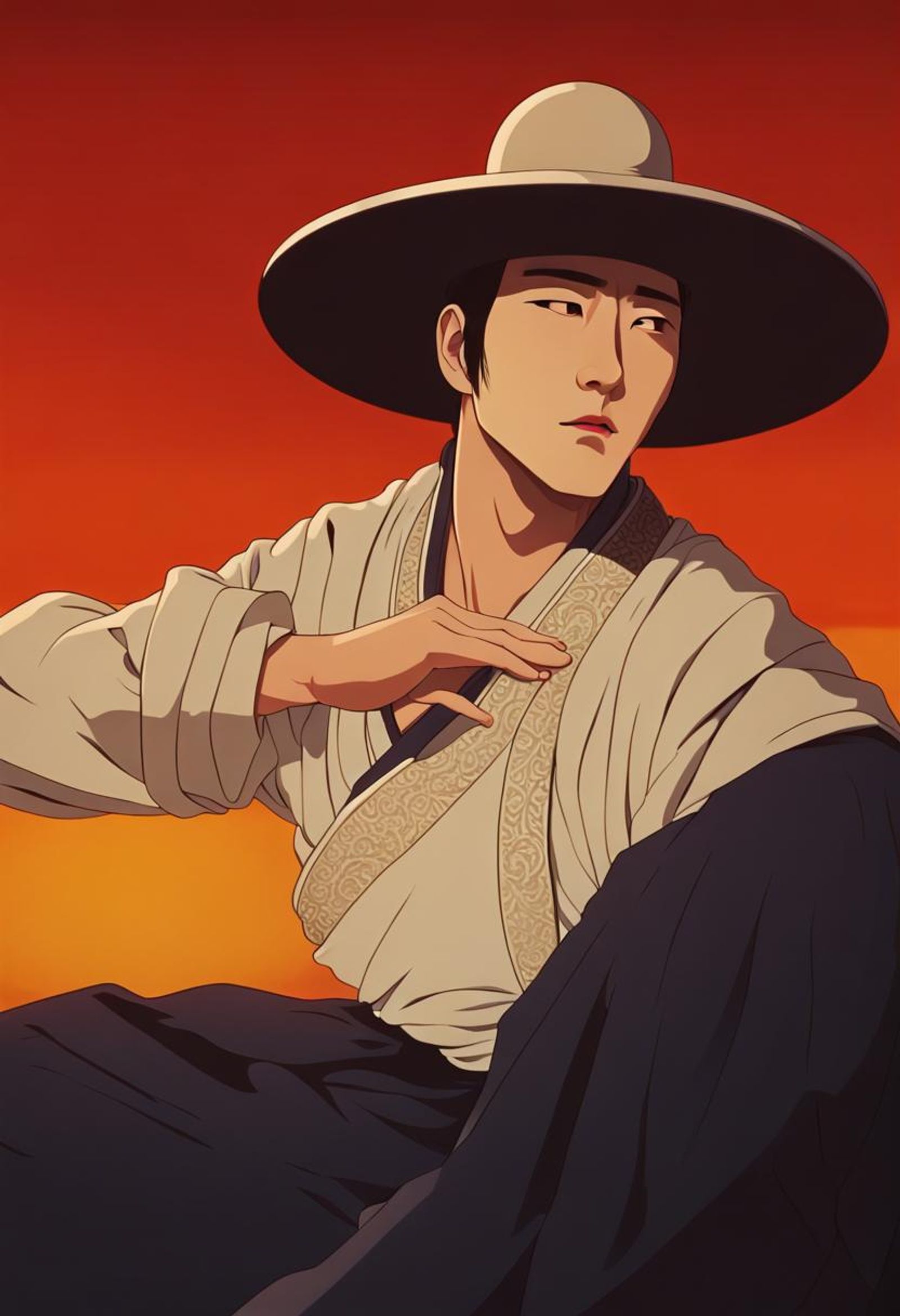 Very handsome Joseon era Korean man crouching on palace rooftop at dawn ...