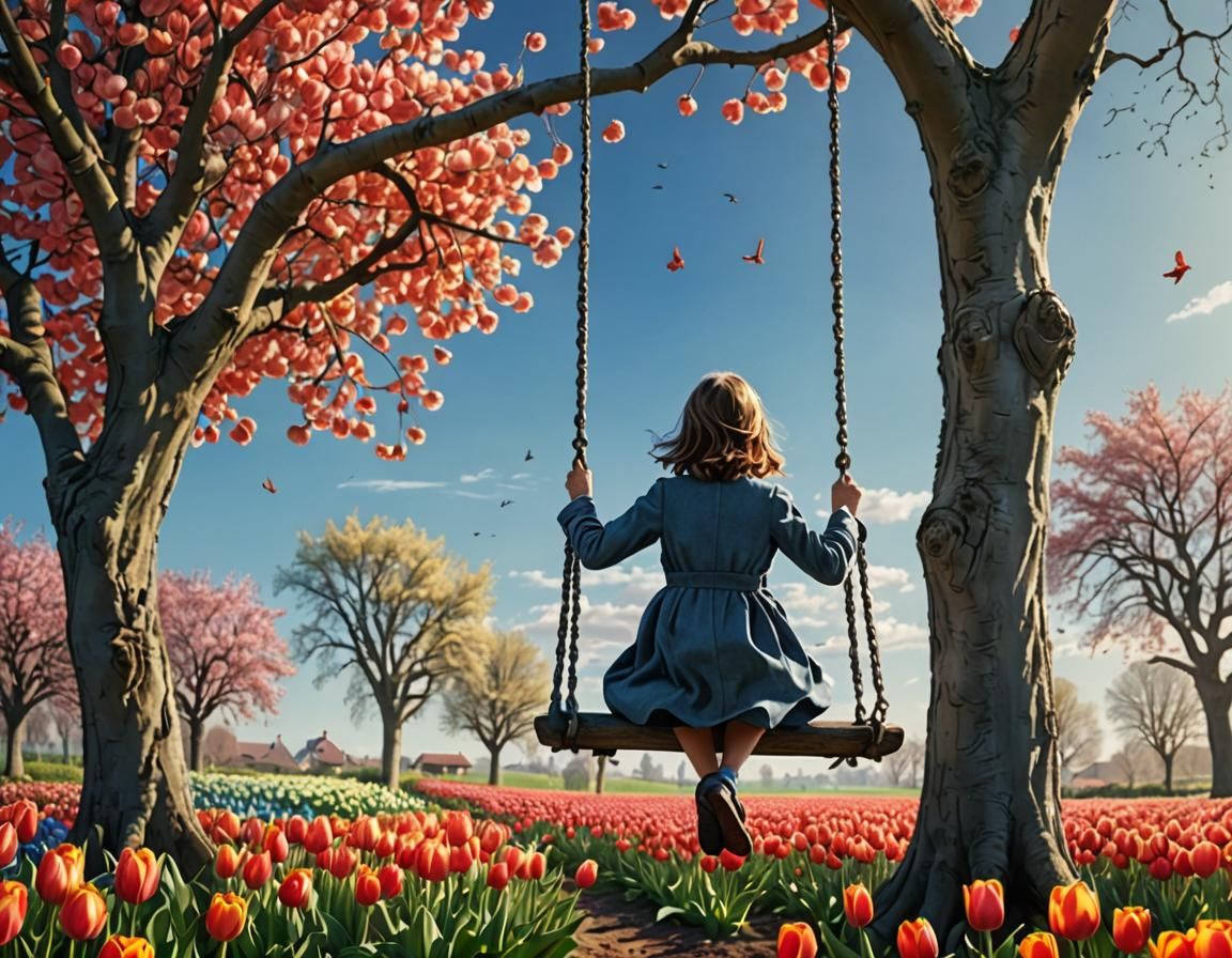 9-year-old girl swinging on a swing from a tree branch; surrounded by ...