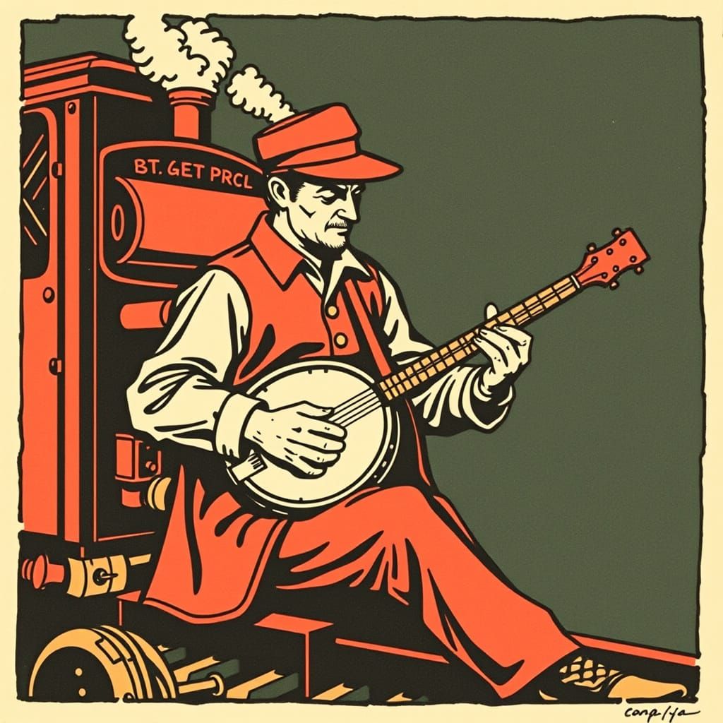 Vintage Train Engineer Plays Banjo in Woodblock Pr... - AI Art