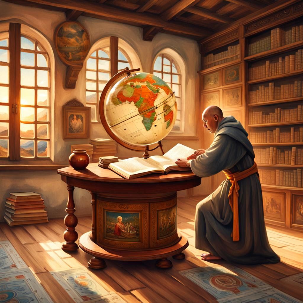 Study, monk, library, globe - AI Generated Artwork - NightCafe Creator