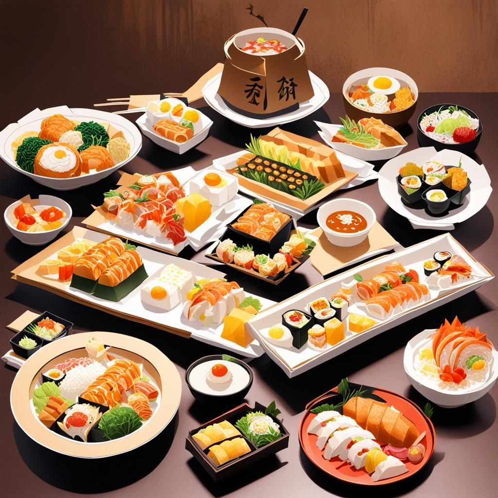 a collection of japanese food made out of paper - AI Generated Artwork ...