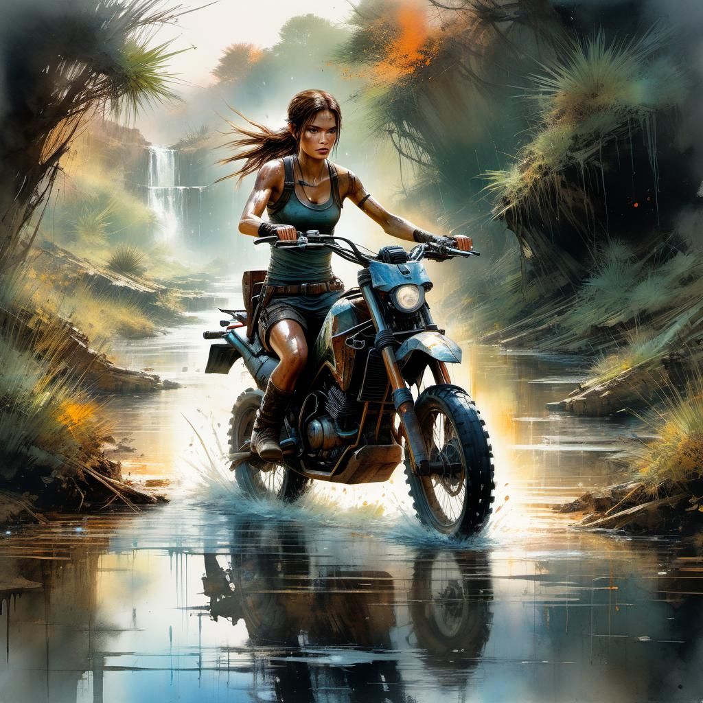 tomb raider riding motorbike - AI Generated Artwork - NightCafe Creator