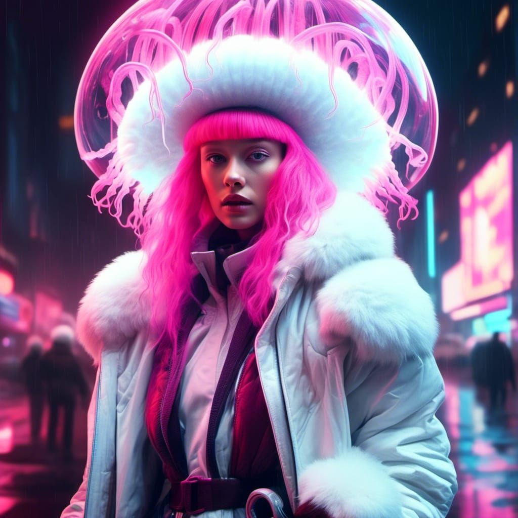 A stylish female cyborg wearing a thick white fur coat and a neon pink ...