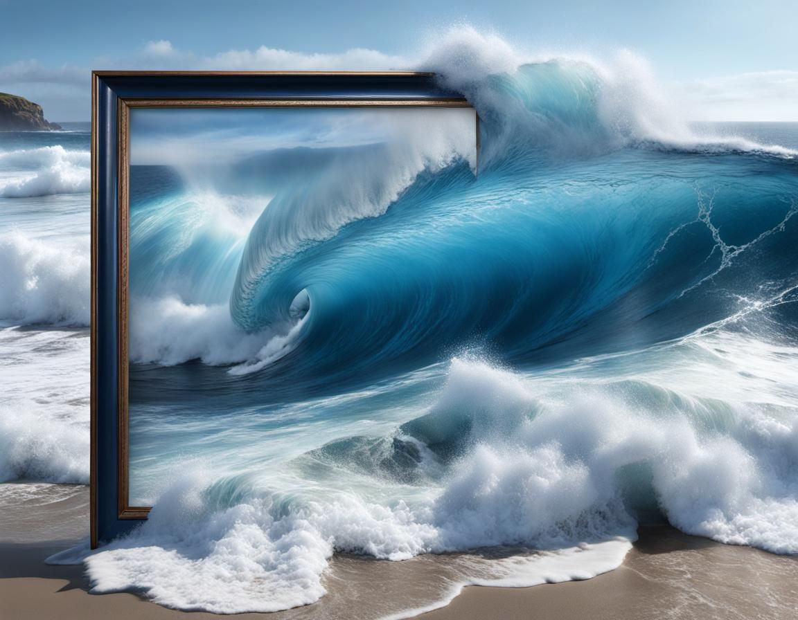a frame depicting the sea, a wave extending out of the painting and ...