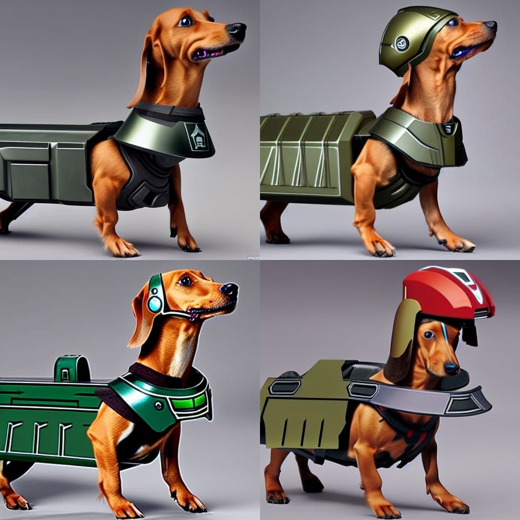 A Spartan wiener dog with Spartan armor from Halo h helmet with a visor ...