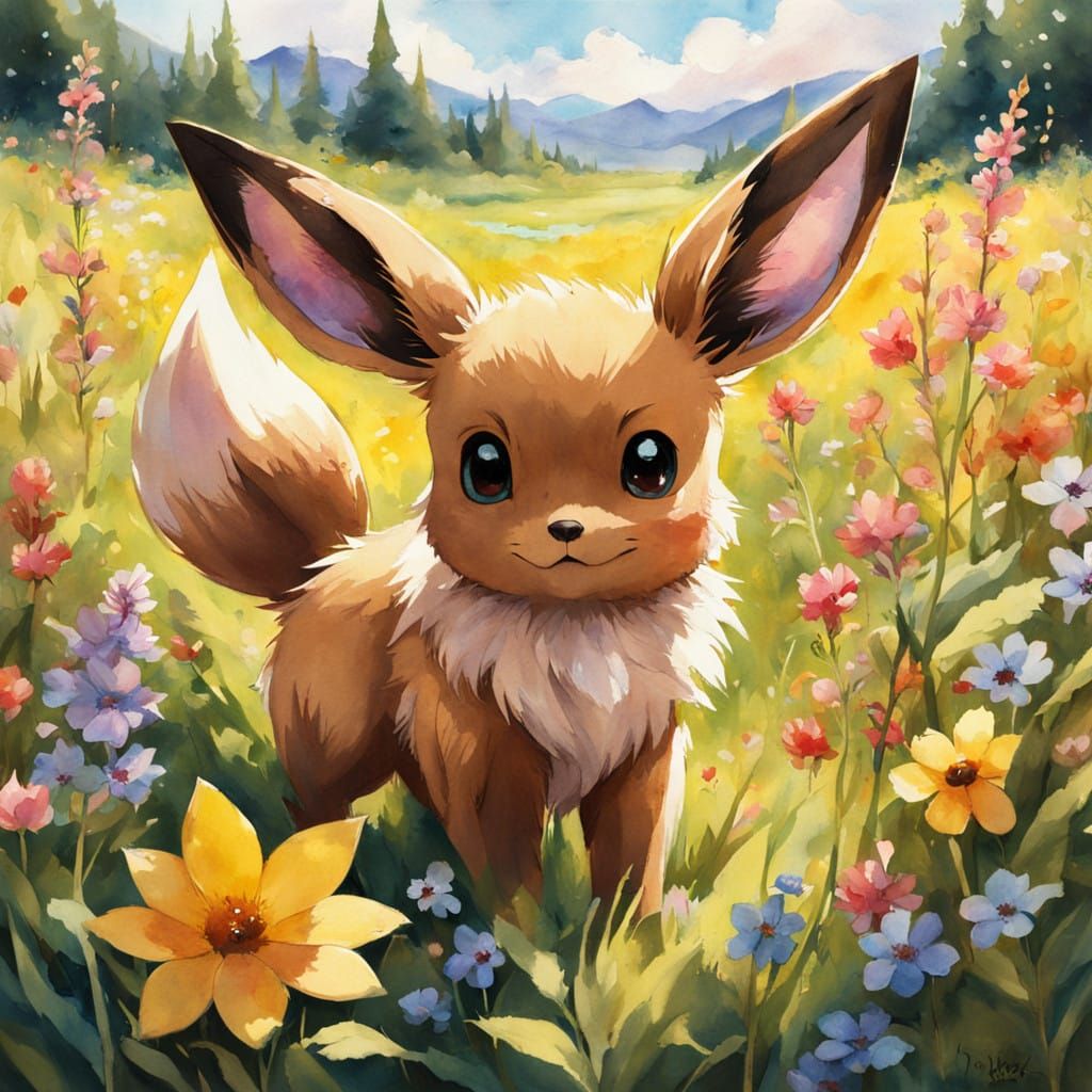 Eevee and Pikachu in a Whimsical Wildflower Meadow - AI Art