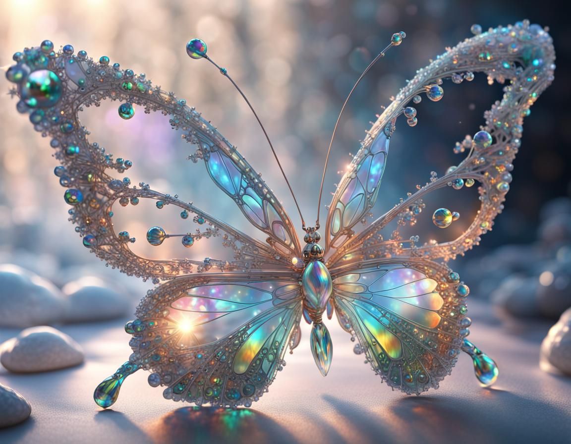 "(Iridescent:1.3) dew drops on a Crystal Butterfly of epic proportions ...