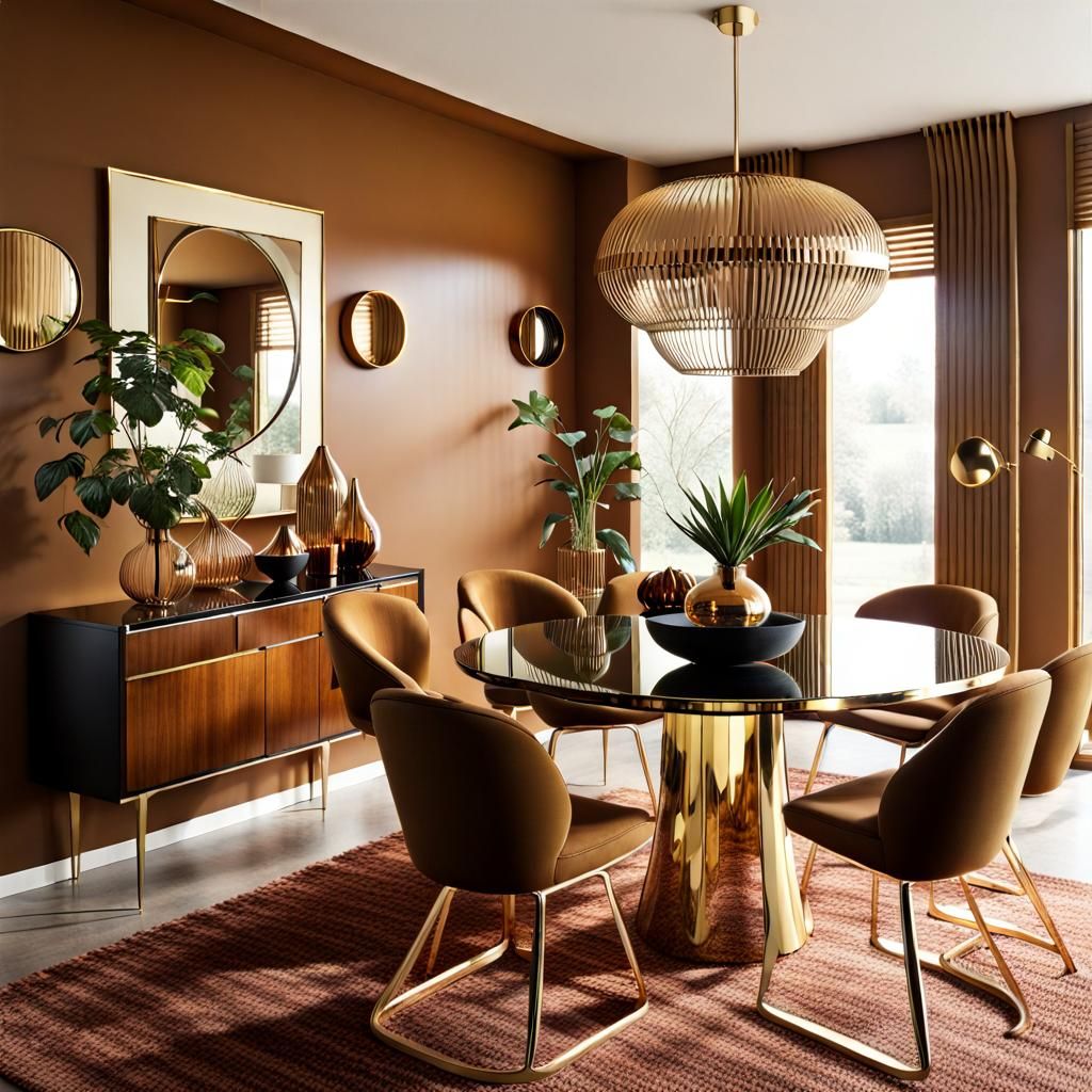 70s interior dining room. Earthy tones, 70s furniture. Gold details ...