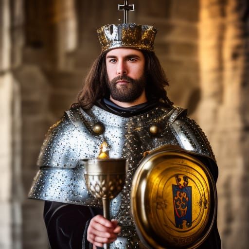 Sir Galahad, in armour, holding the Holy Grail in a chapel - AI ...