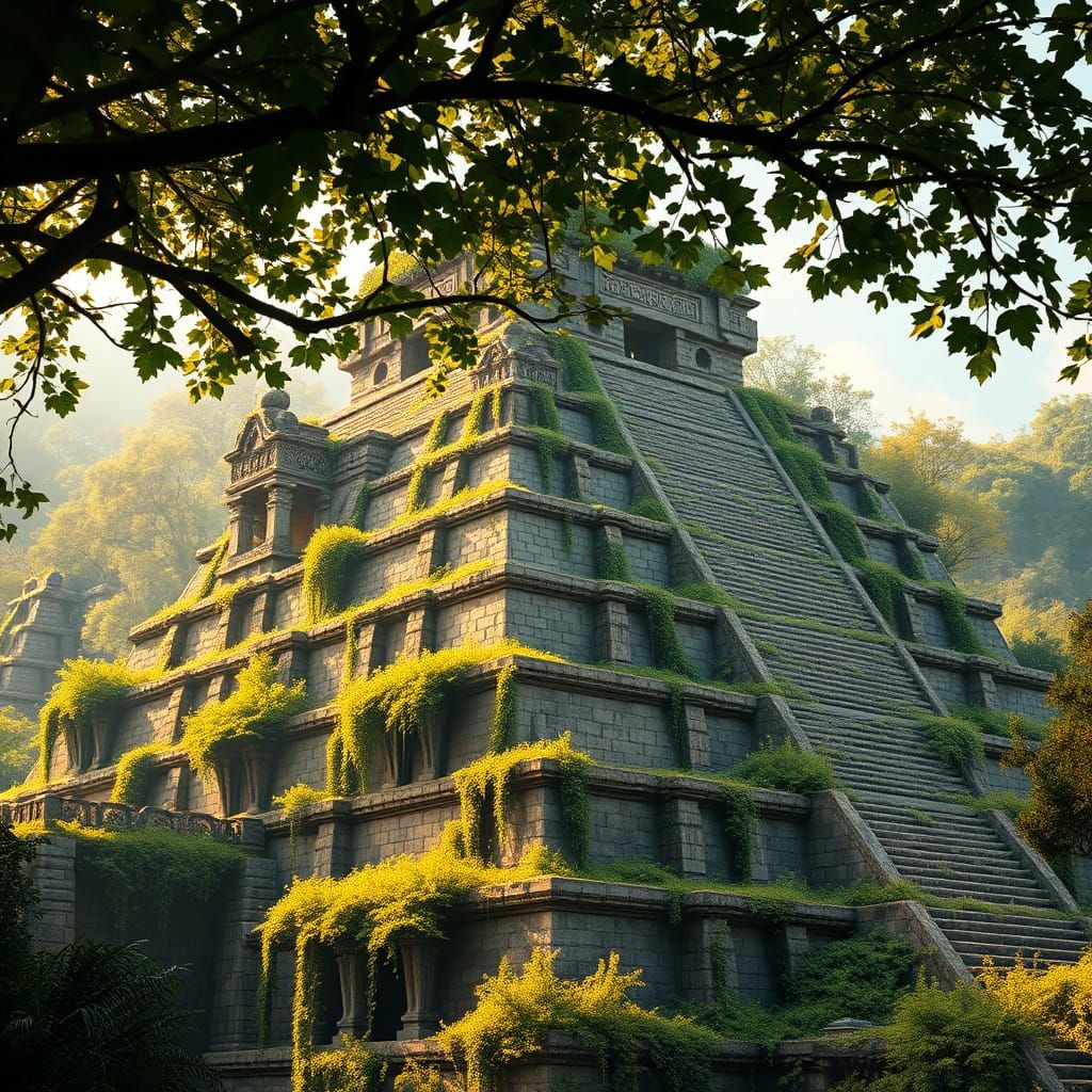 Ancient Ziggurat Overgrown with Lush Vegetation in... - AI Art