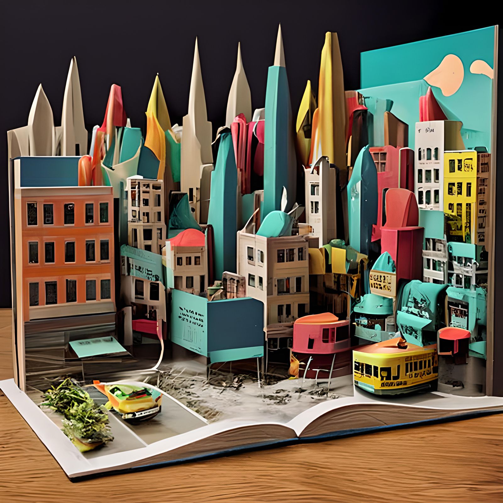 Colorful pop-up scenes from a book showing a lifeless city - AI ...