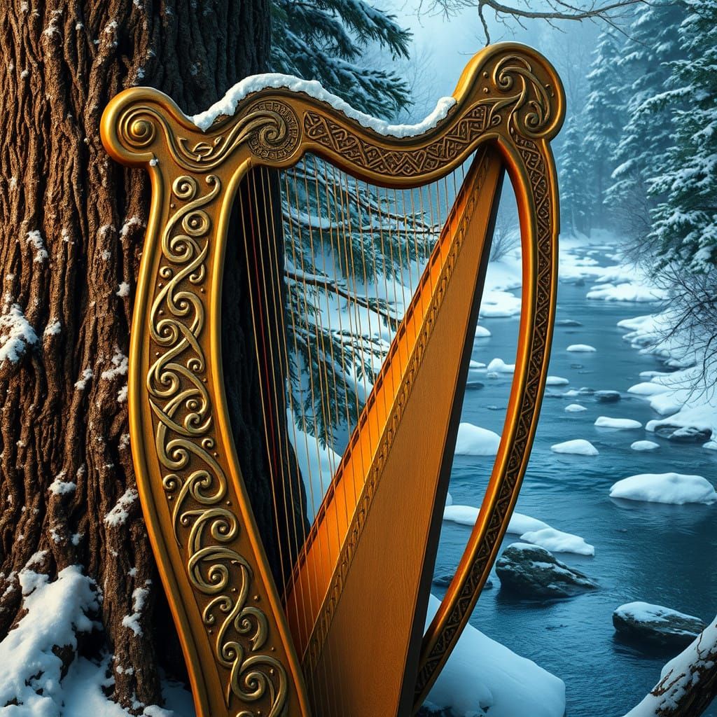 Ancient Irish Harp in Serene Winter Forest Landsca... - AI Art