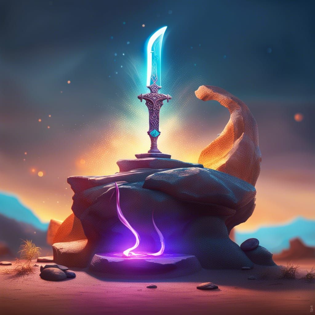 a magical glowing curved sword floating over a stone alter in a desert ...