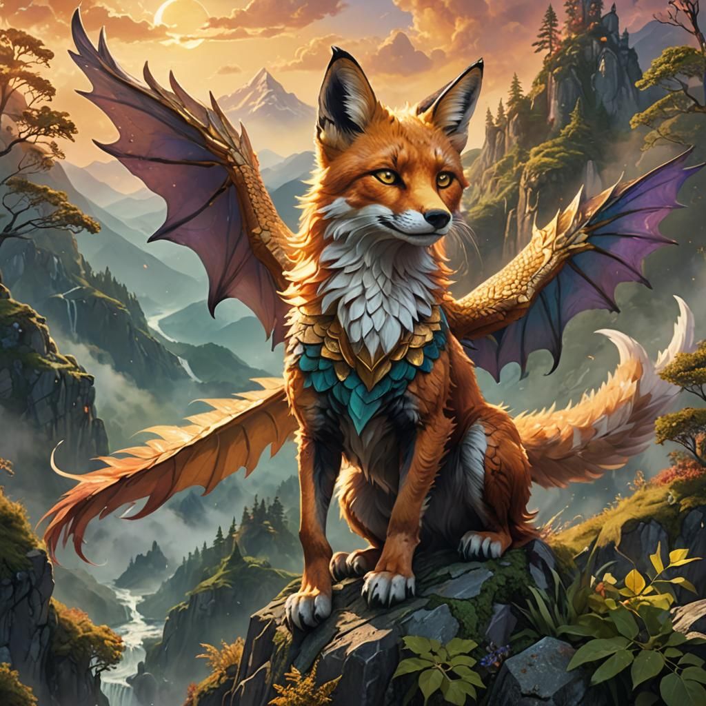 Dragon Fox Hybrid Soars on Mystical Mountain Peak - AI Art