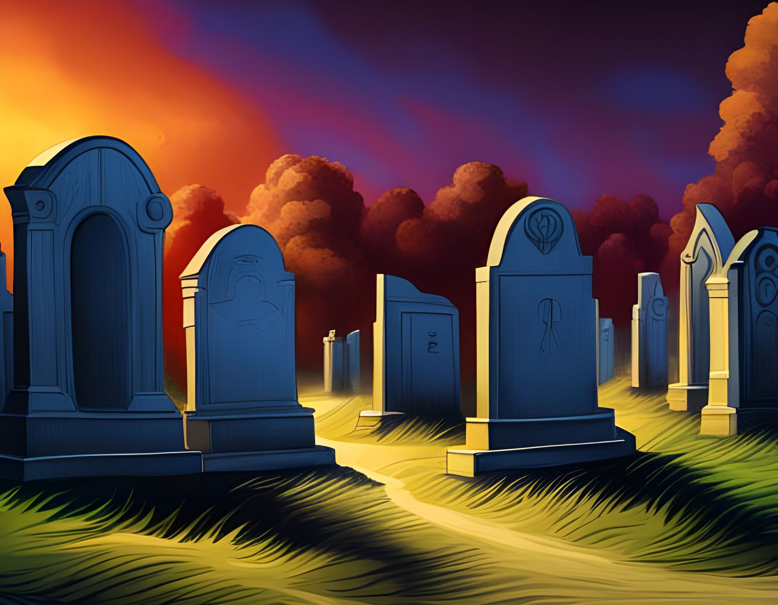 a painting of a graveyard at night Hyperrealistic, splash art, concept ...