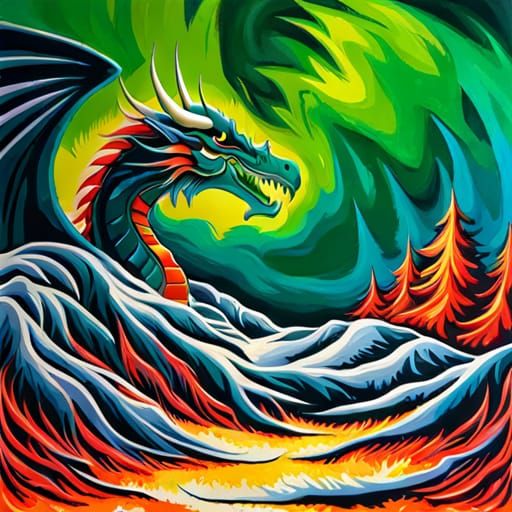 Dragon in the clearing of a forest. splash art complementary colors ...