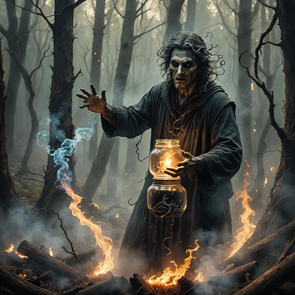 An evil sorcerer casting a spell trapped in a jar II - AI Generated ...
