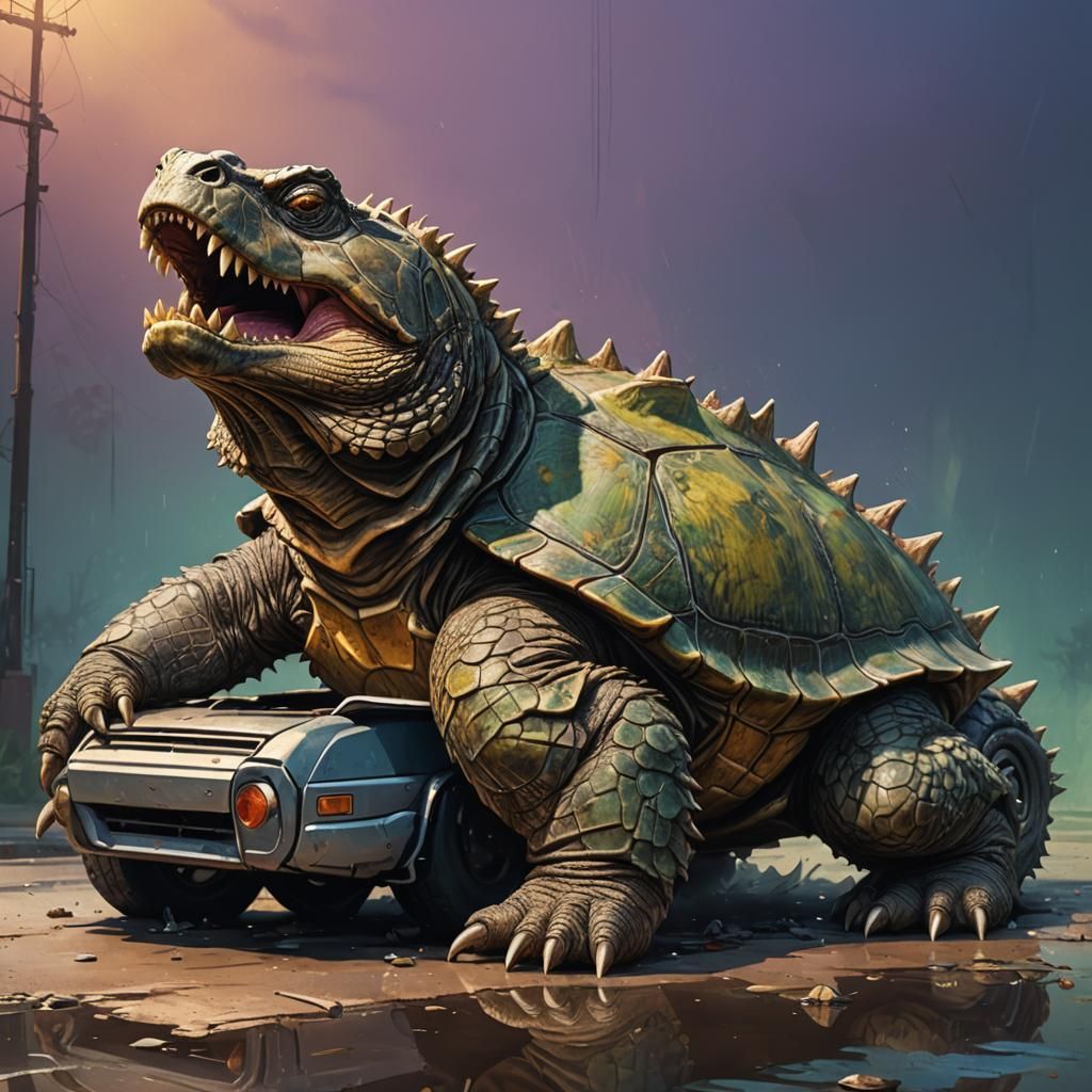 an alligator snapping turtle monster stepping on a car - AI Generated ...