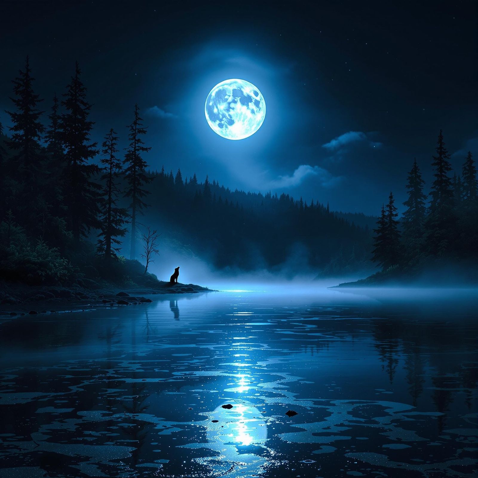 Photorealistic picture of a full moon scene. A luminous full moon hangs ...